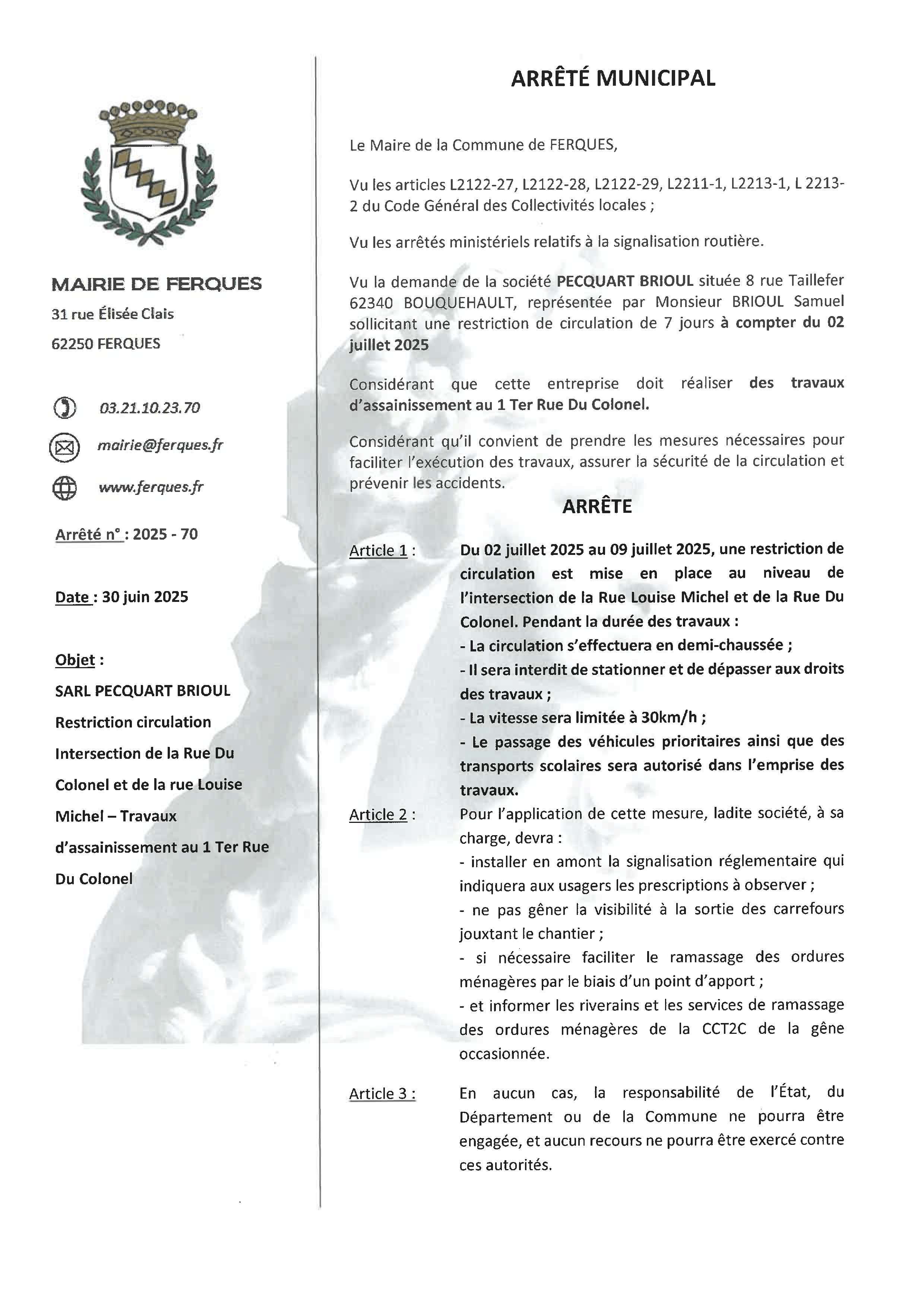 ARRÊTÉ MUNICIPAL : restriction de circulation à l’intersection de la ...